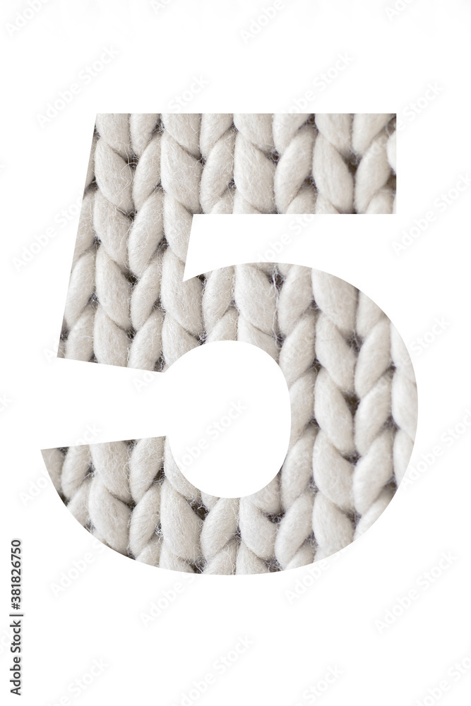 Number " 5 " is a knitted number isolated on a white background ...