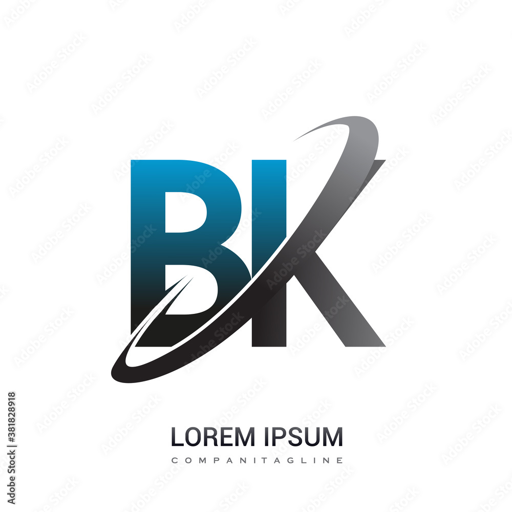 initial letter BK logotype company name colored blue and grey swoosh ...