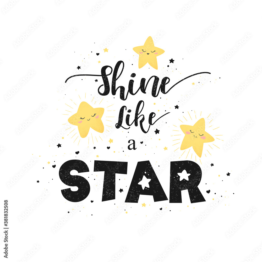 Vector illustration with cute hand drawn cartoon stars and lettering ...