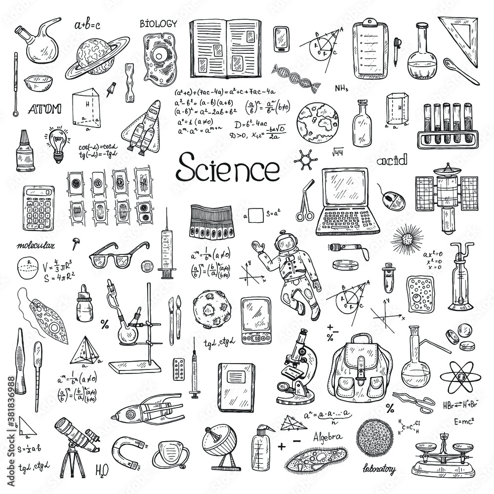 Set with hand drawn scientific objects and elements. Science theme ...