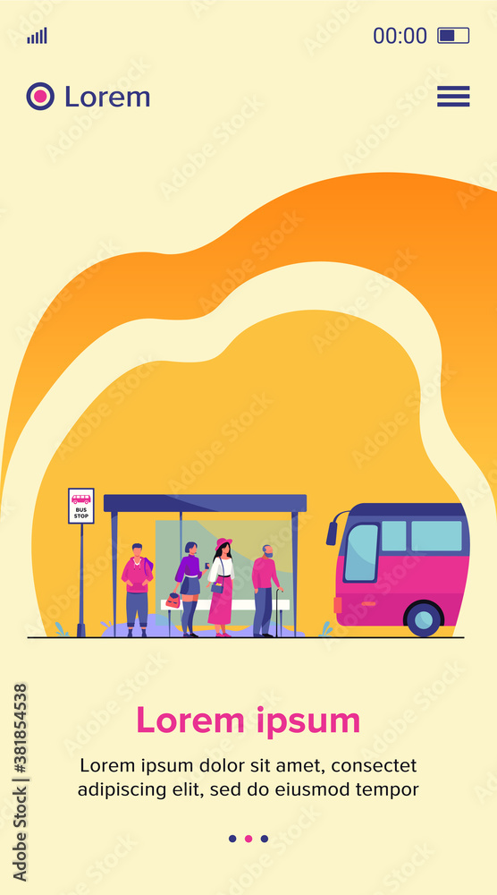 Passengers waiting for public transport at bus stop flat vector ...