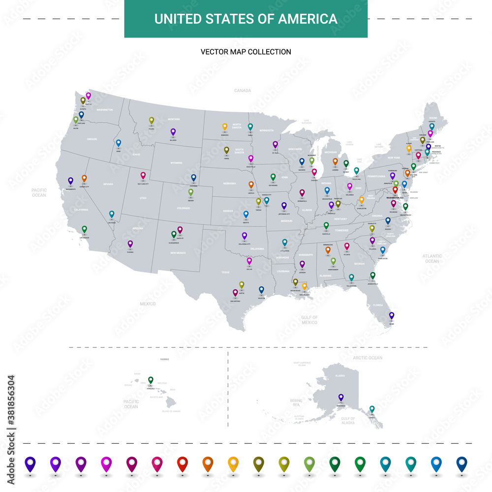 United States of America map with location pointer marks. Infographic ...