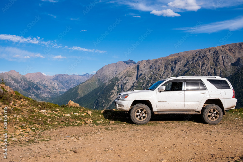 Offroad car on mountains background. Off-road travel concept background ...