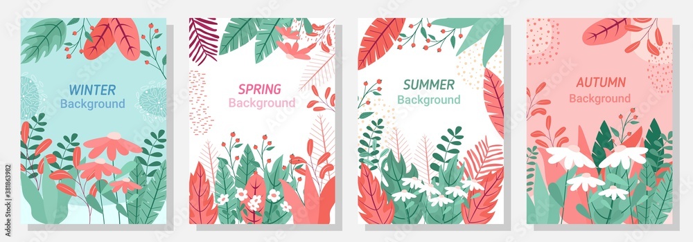 Vector set four seasons, winter, spring, summer, autumn, flowers and ...