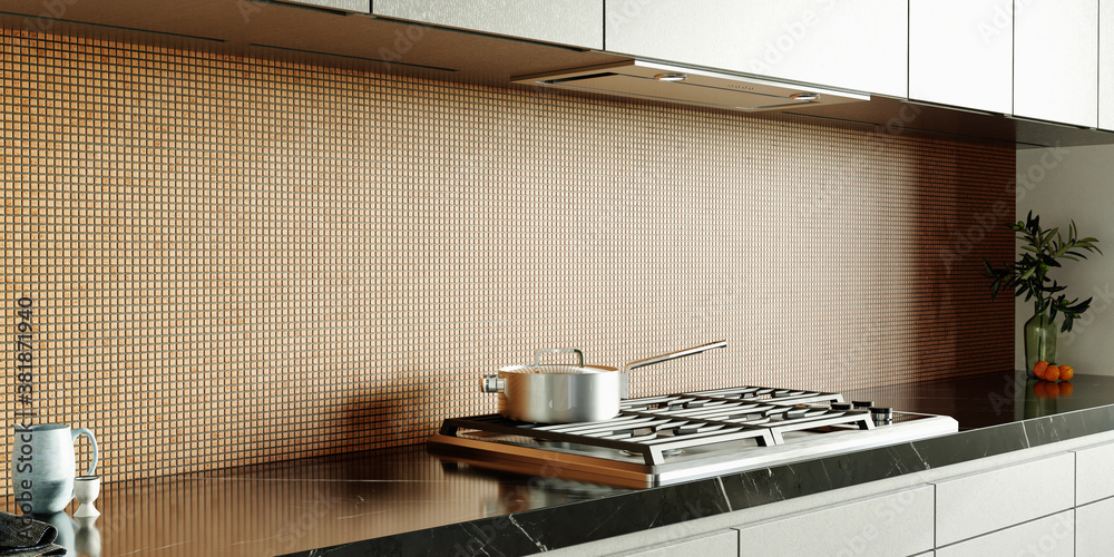 3d rendering. Interior of a modern kitchen with a mosaic on the wall ...