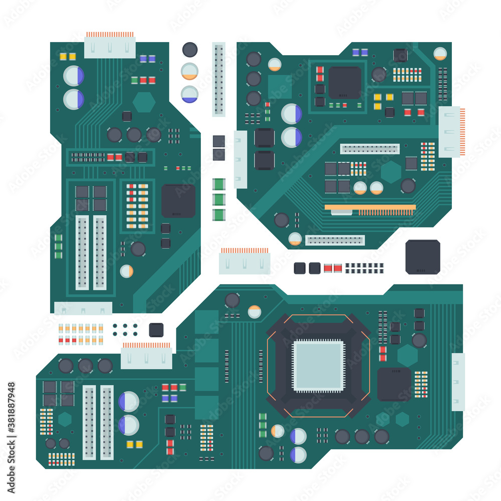 Computer motherboard illustration. Green panel with compartment for ...