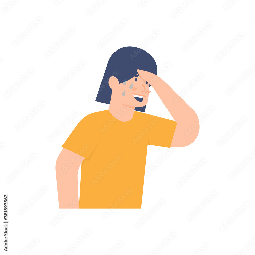 illustration of a woman or girl holding her forehead, feeling hot and ...
