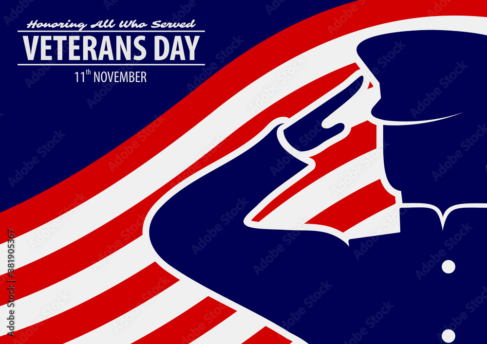 Veteran's day poster template. US Army soldier saluting against USA ...