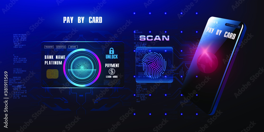 Credit card with hologram on futuristic cyber background. Payment by ...