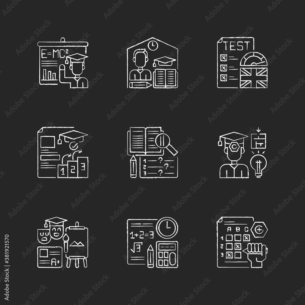 Examination types chalk white icons set on black background ...