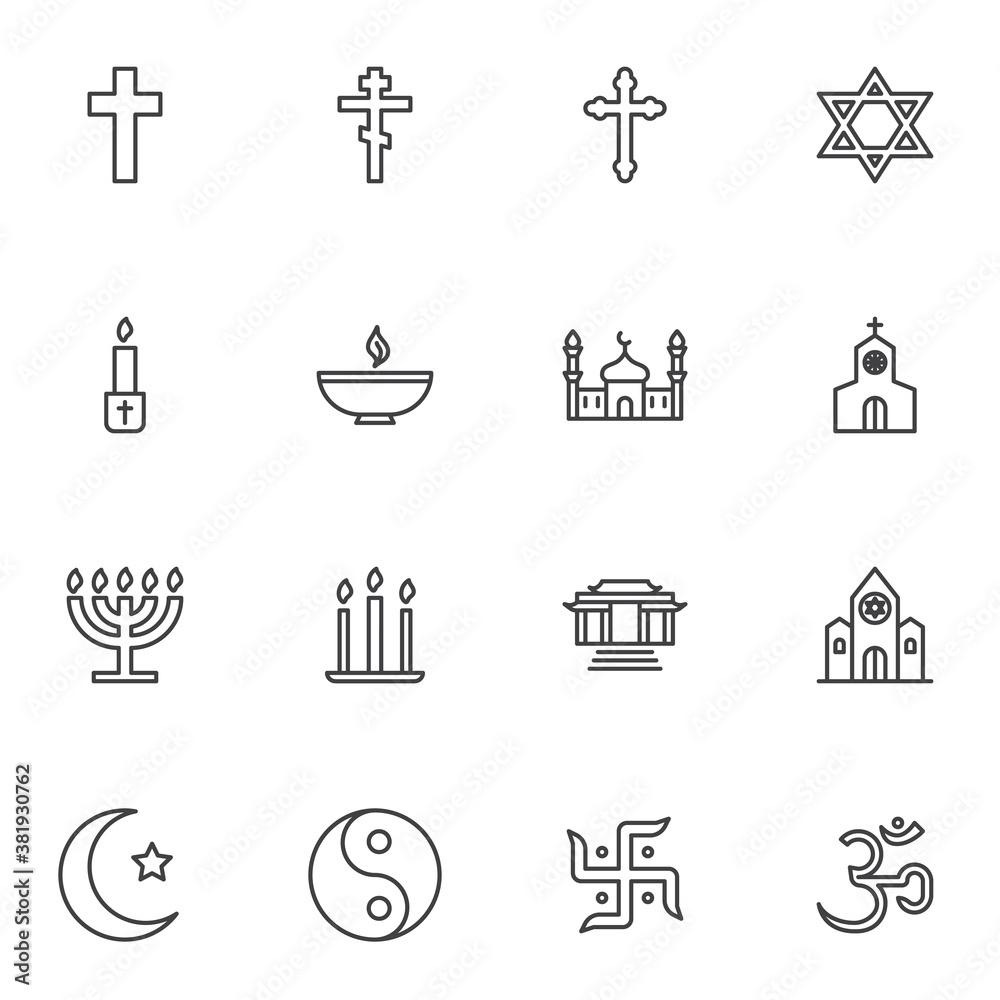 Religion related line icons set, outline vector symbol collection ...