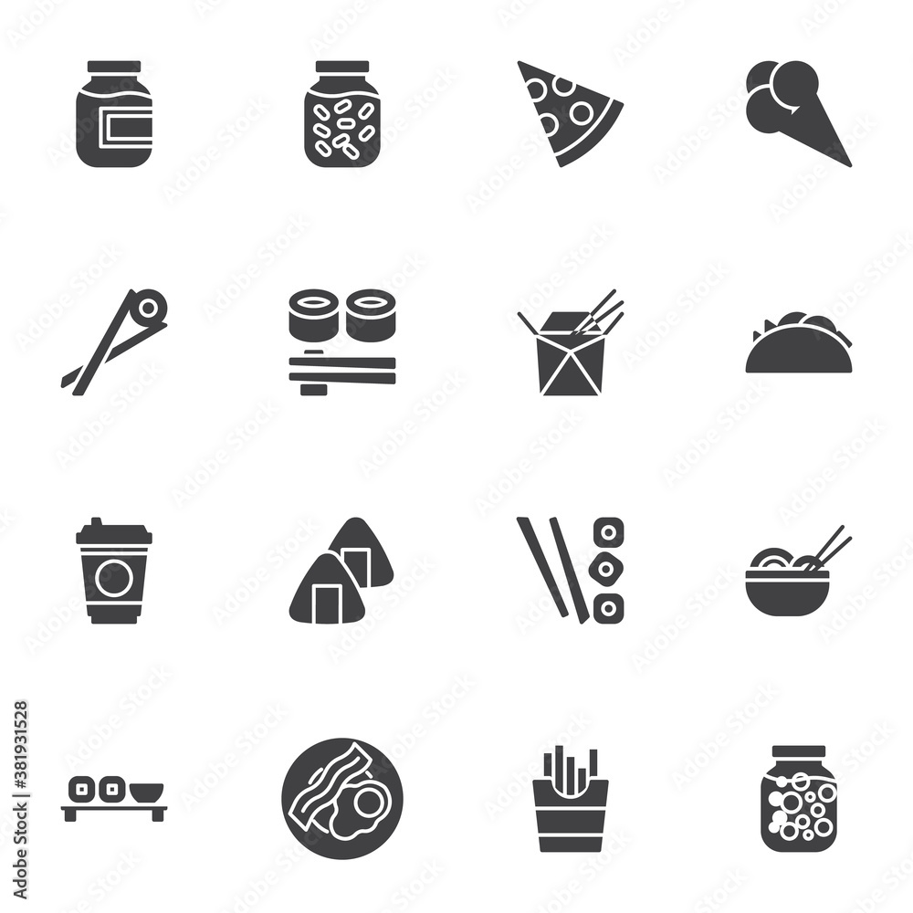 Food and drinks vector icons set, modern solid symbol collection ...