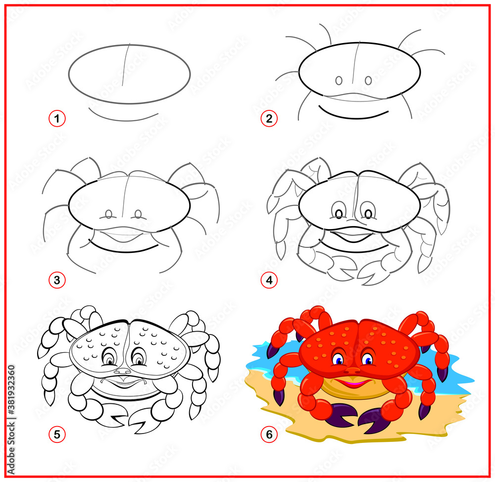 How to draw cute toy crab. Educational page for children. Creation step ...