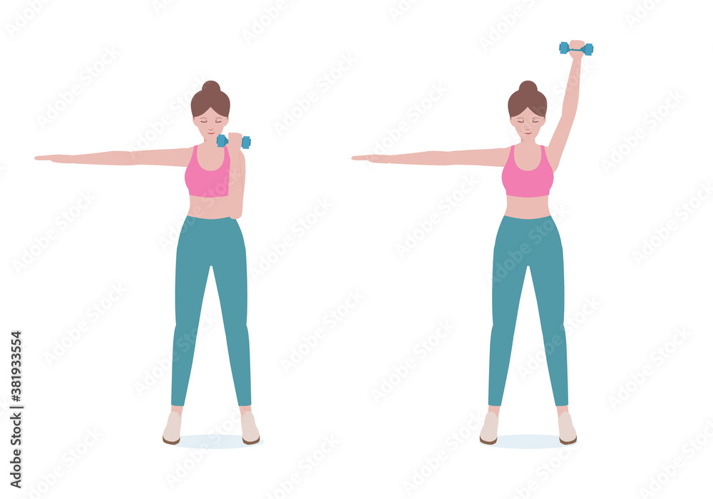 Woman doing exercises a dumbbell. woman in pink shirt and a blue Long ...