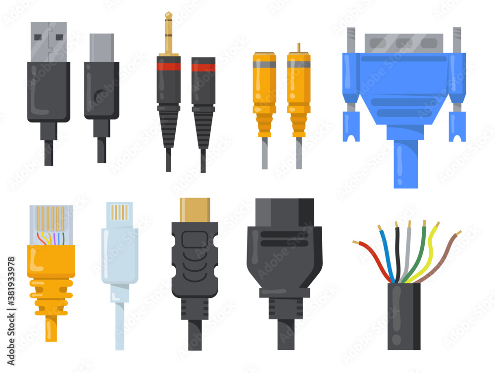 Computer cables, wires and cords flat item set. Cartoon black and ...