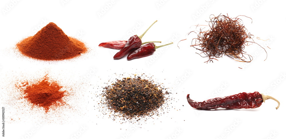 Set crushed red cayenne pepper, pile powder, chili pepper shavings ...
