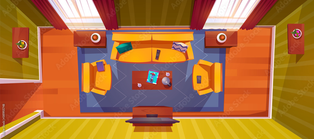 Living room interior top view. Apartment with sofa, tv, armchairs and ...