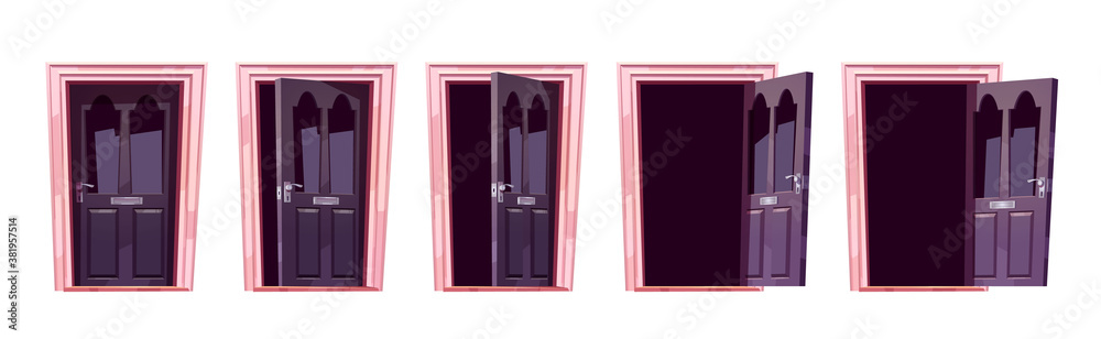 Cartoon door opening motion sequence animation. Close, slightly ajar ...