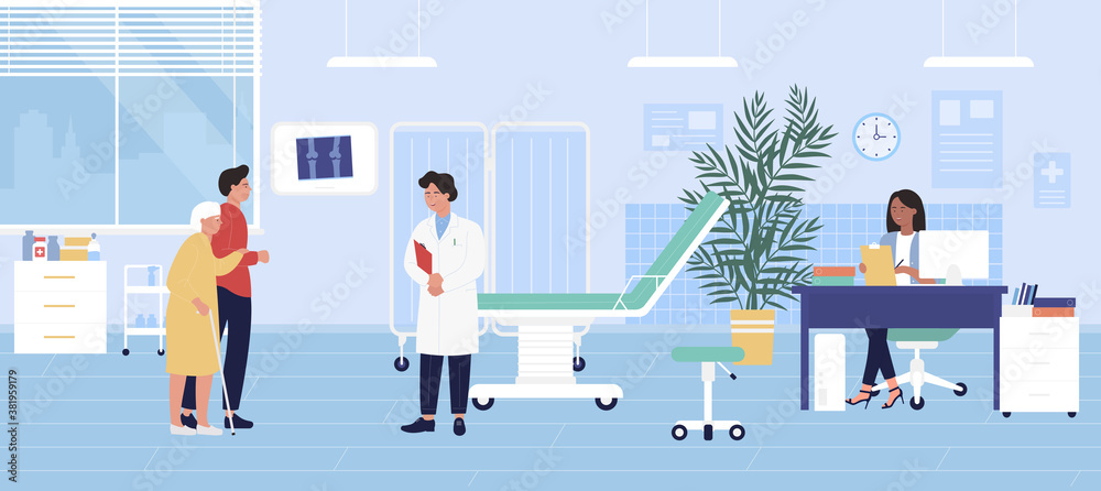Traumatology checkup vector illustration. Cartoon old woman patient and ...