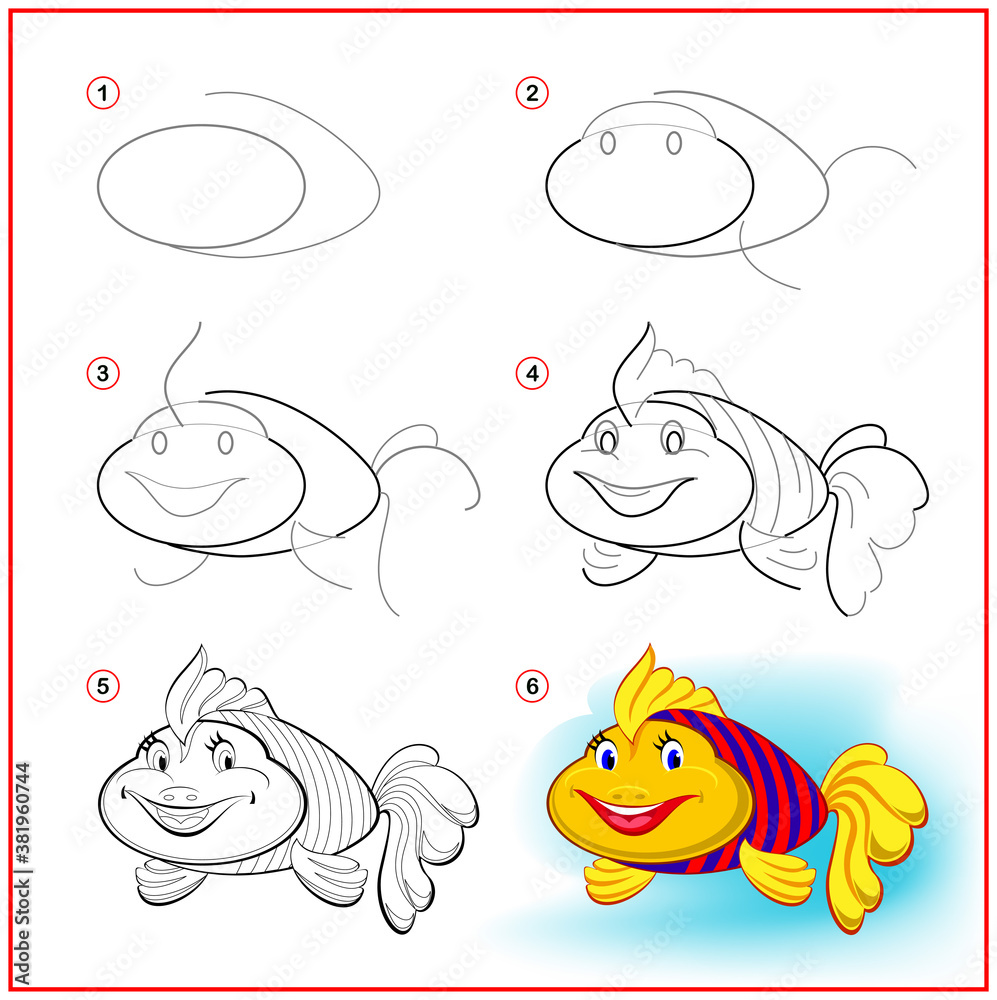 How to draw cute toy fish. Educational page for children. Creation step ...
