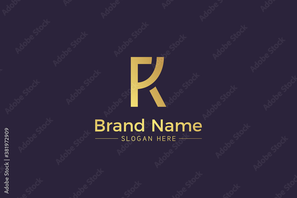 Combination of letter R and K golden logo isolated on purple background ...