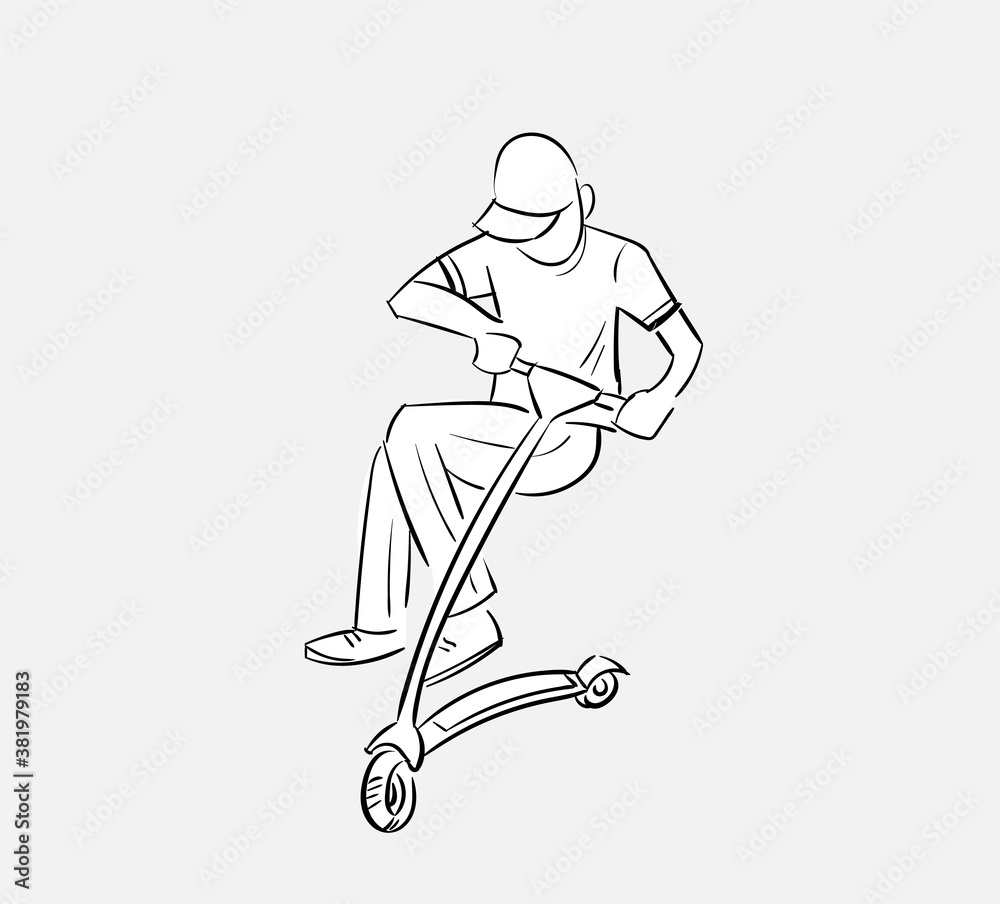 scooter rider skatepark vector character isolated line art cartoon ...