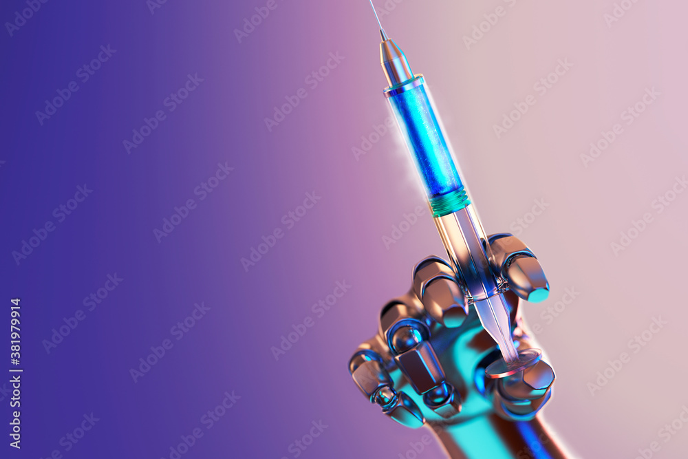 Robot hand holding COVID-19 vaccine syringe Stock Photo | Adobe Stock