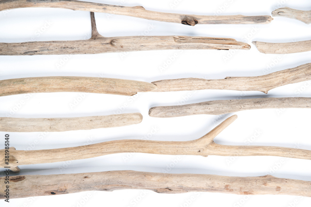 Set of different sizes and forms driftwood sticks isolated on white ...
