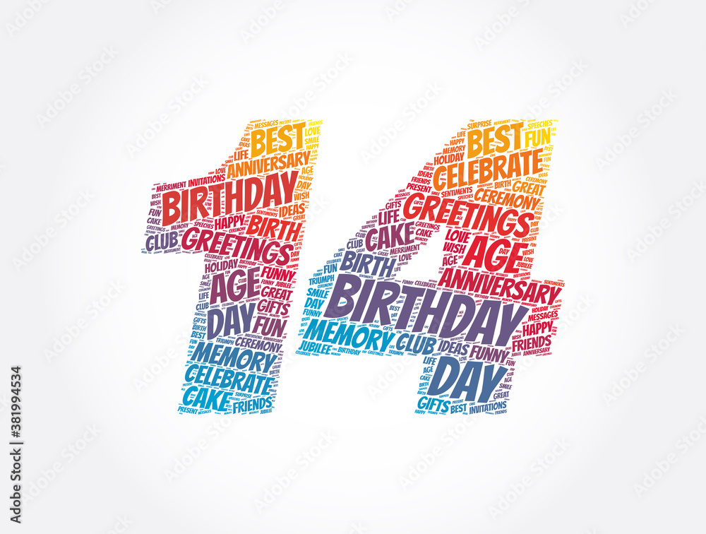 Happy 14th birthday word cloud, holiday concept background Stock Vector ...