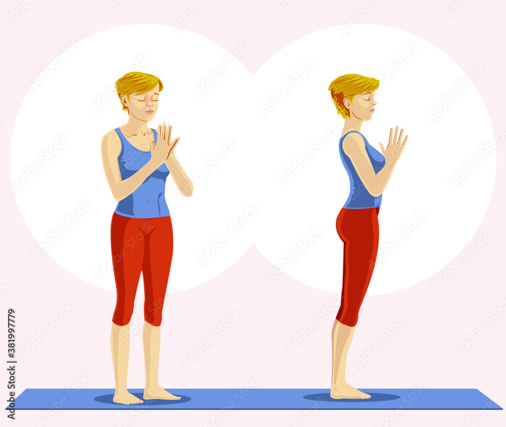Young girl practicing yoga, prayer pose, pranamasana, on exercise mat ...