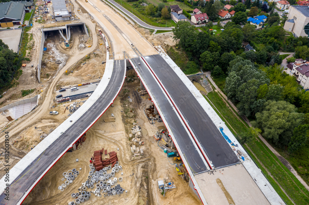 aerial top view of road construction site. building of new city highway ...