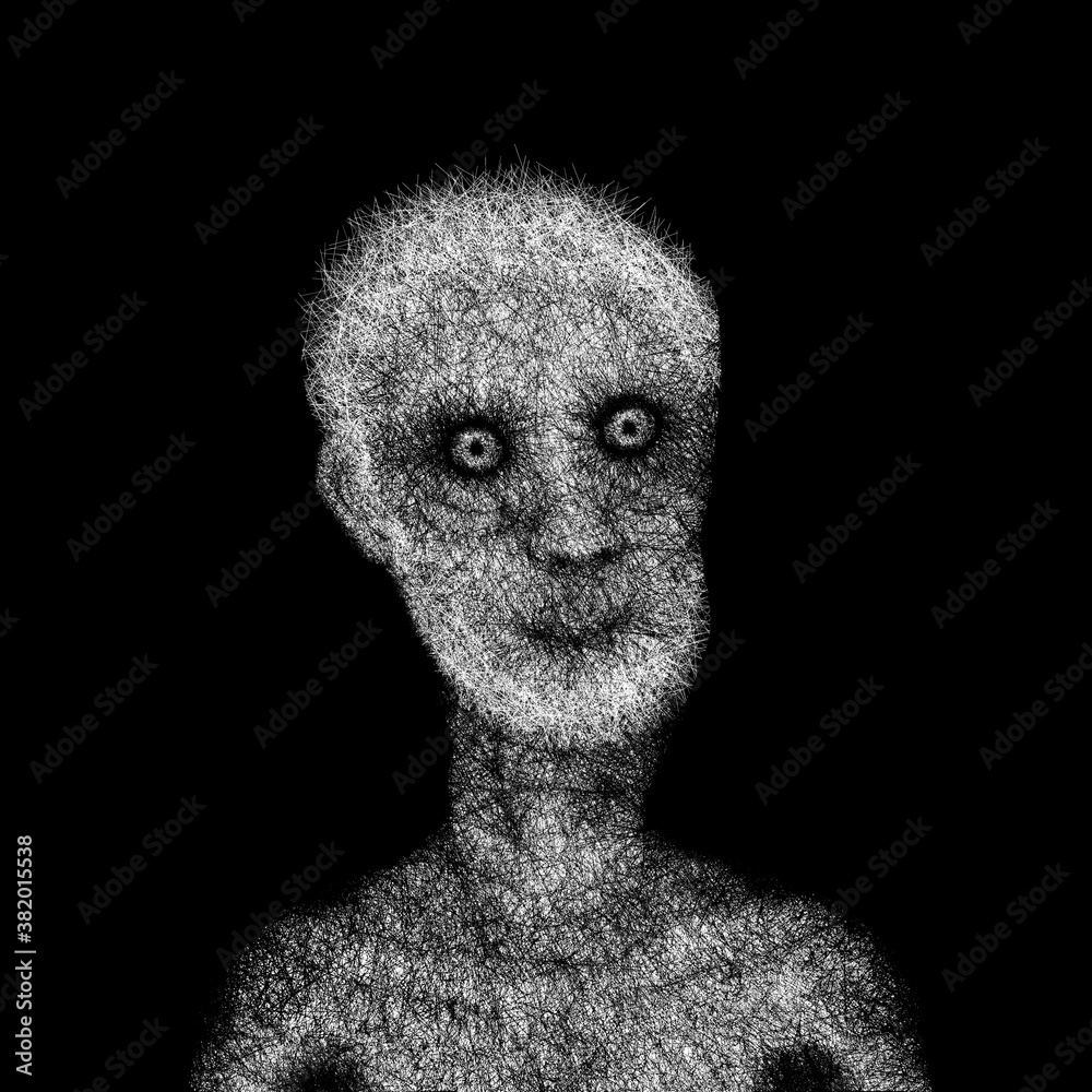 Very skinny old man with a long neck, a gray beard and a crazy look on ...