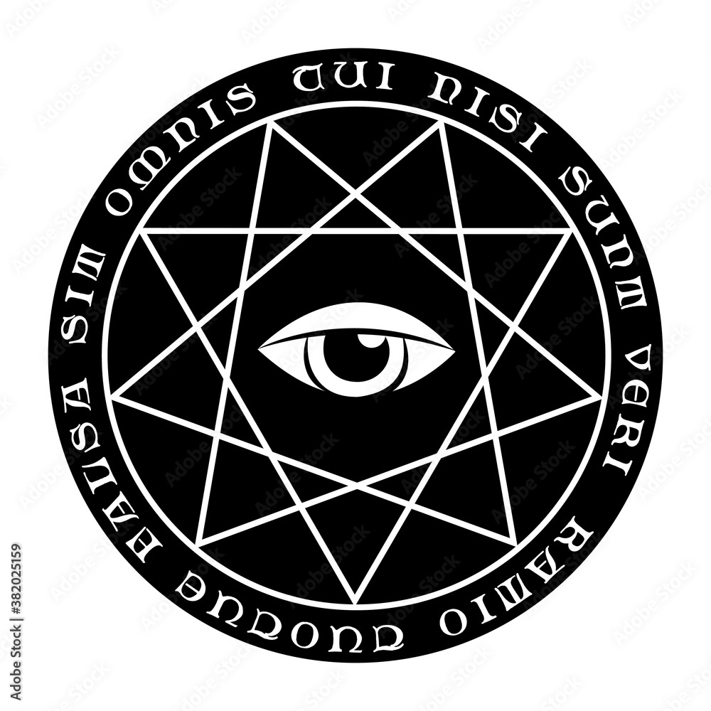 Nine-pointed star with text and an all seeing eye in the middle, black ...