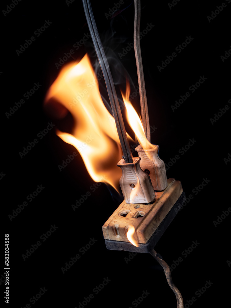 Electrical wiring,Damaged socket with flame,burn consumer unit, short ...