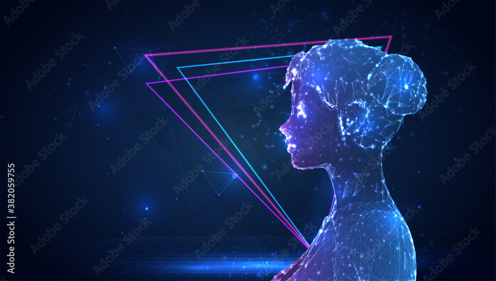 vector 3d female portrait from triangular polygons on a blue background ...