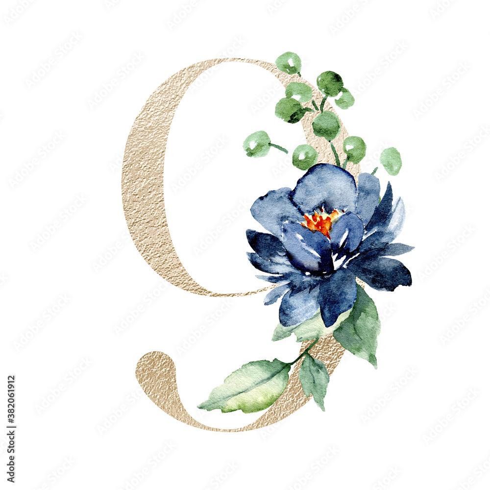 Golden number 9 with watercolor floral design vintage flower and leaf ...