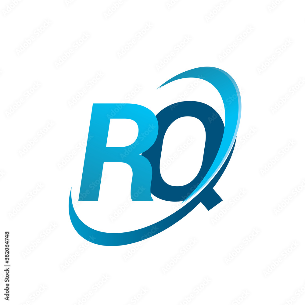 initial letter RQ logotype company name colored blue swoosh design ...