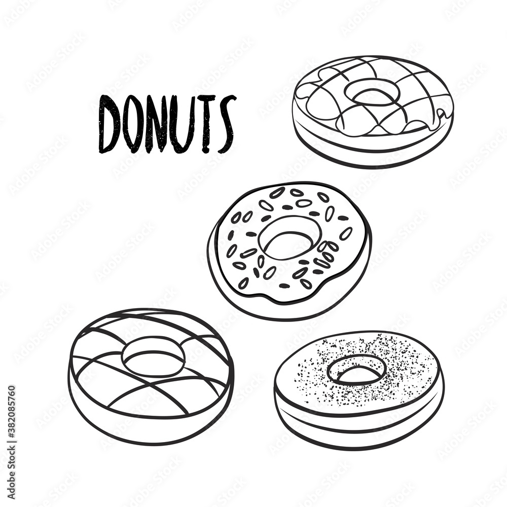 Outline donuts black and white objects on white background vector ...