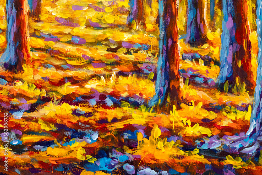 Original impressionism oil painting Gold autumn tree in forest park ...