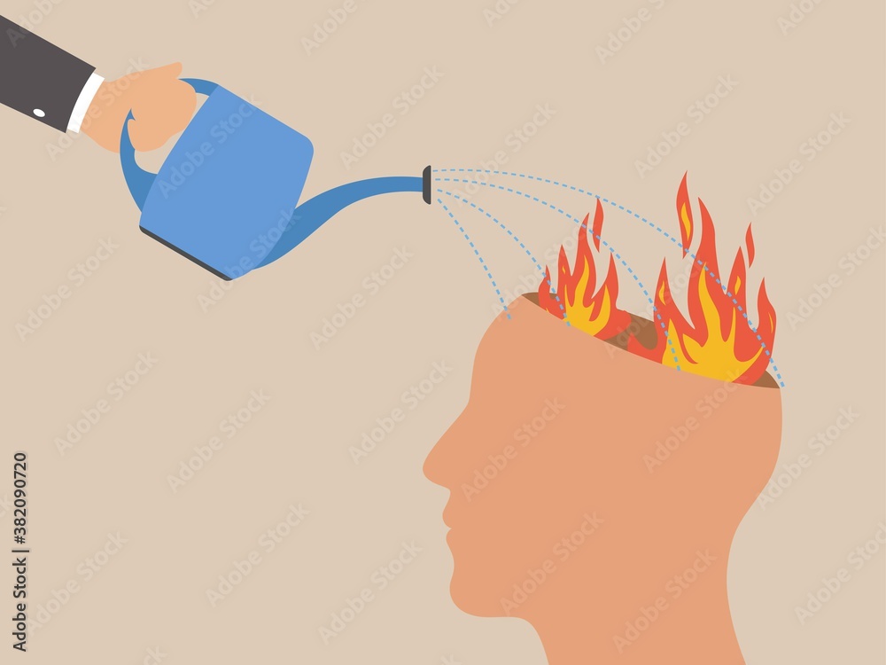 Human hand with watering can putting out fire in burning brain ...