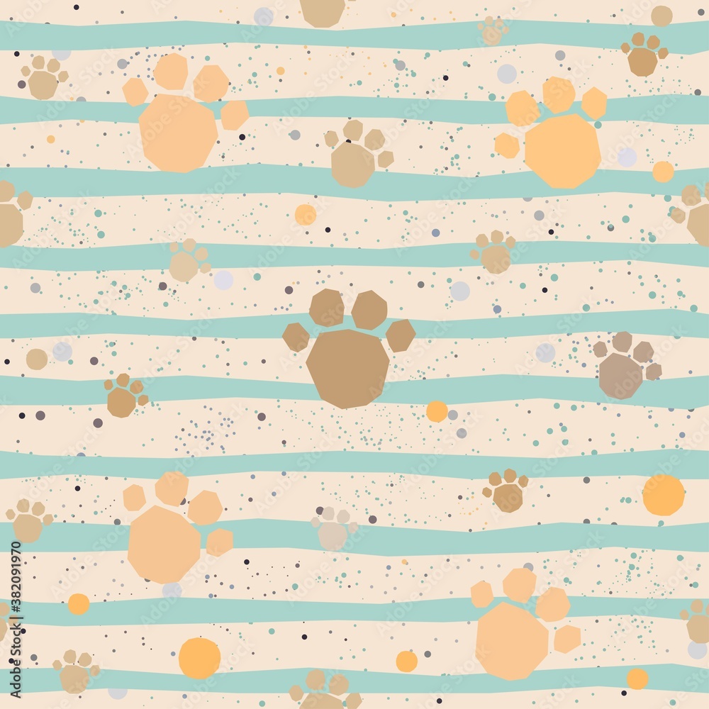 Cute Pattern with Golden dog paws with pastel blue stripes on beige ...