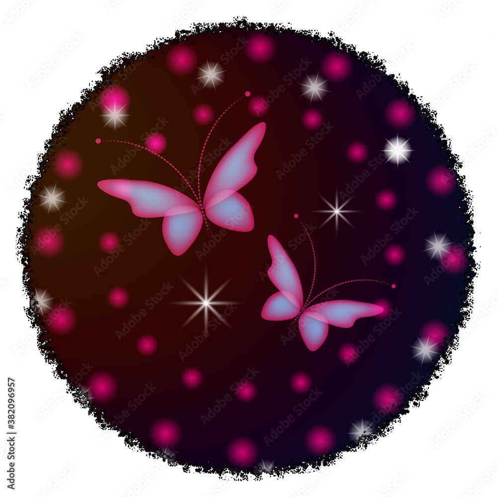 Glowing flying butterflies in a circle...Transparent reflective ...
