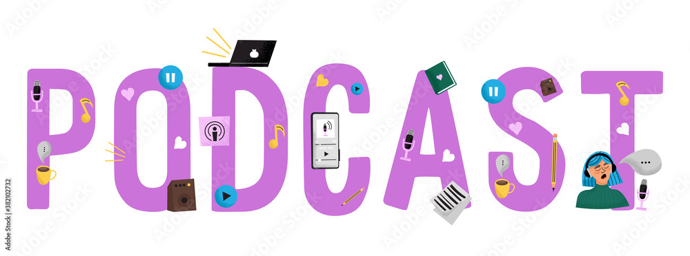 Podcast lettering with funny vector podcasting texture elements. Vector ...
