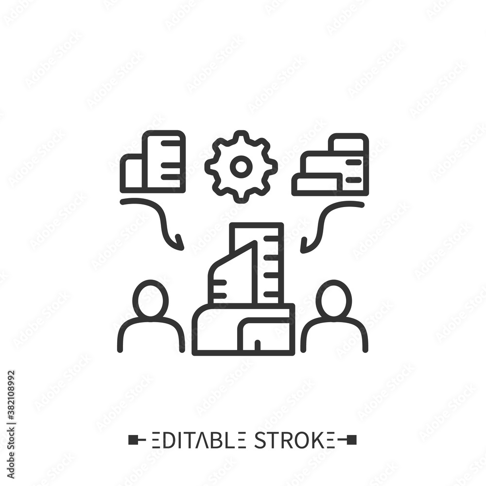 Corporate synergy icon. Two corporations merge processes. People and ...