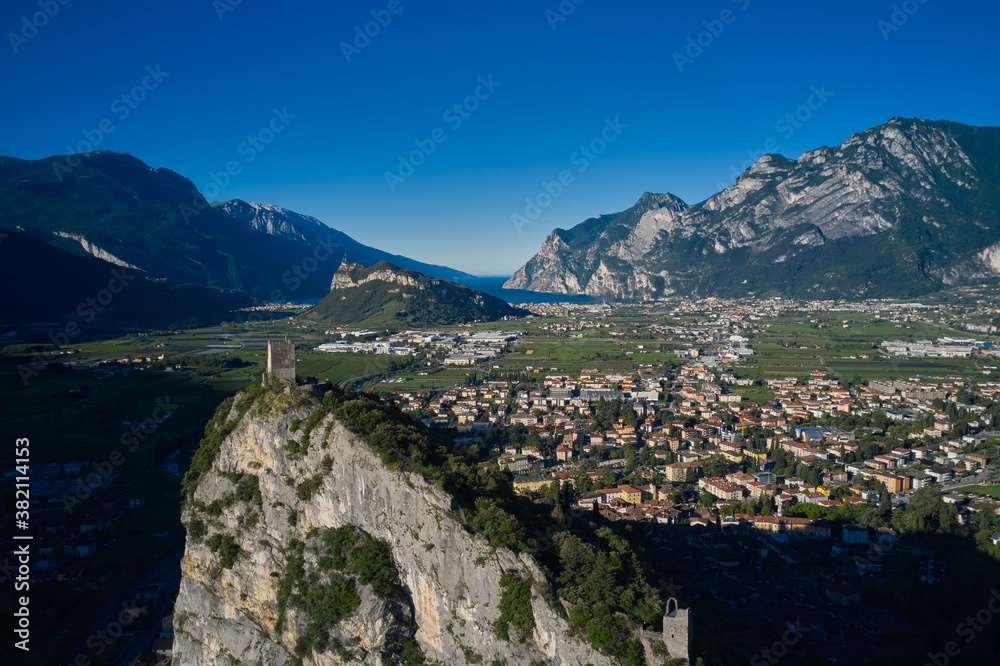 Arco Medieval Castle on the top of the rock. Flying on drone, aerial ...