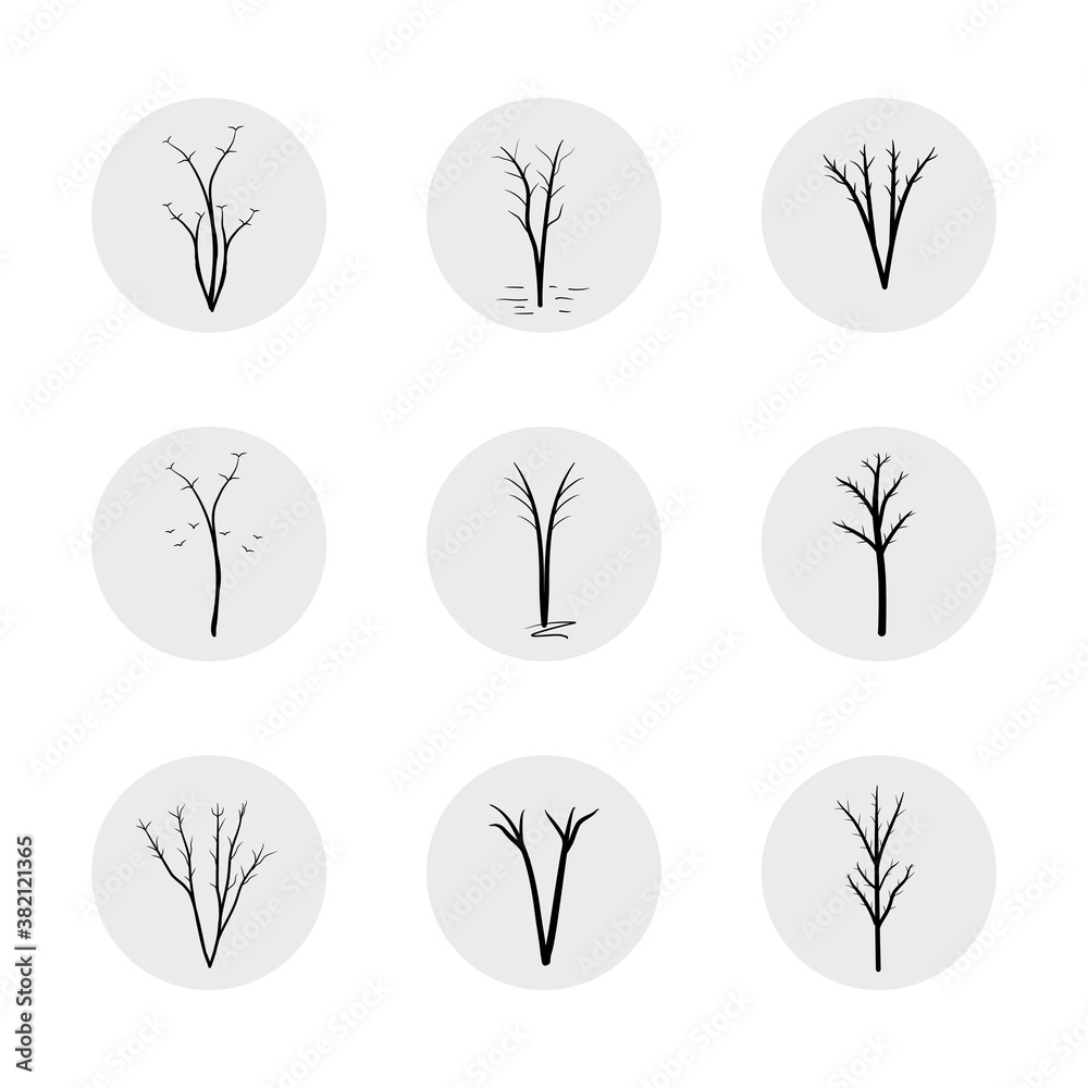 Dead tree icon set.Old dark trees with roots. Vector dead forest trees ...