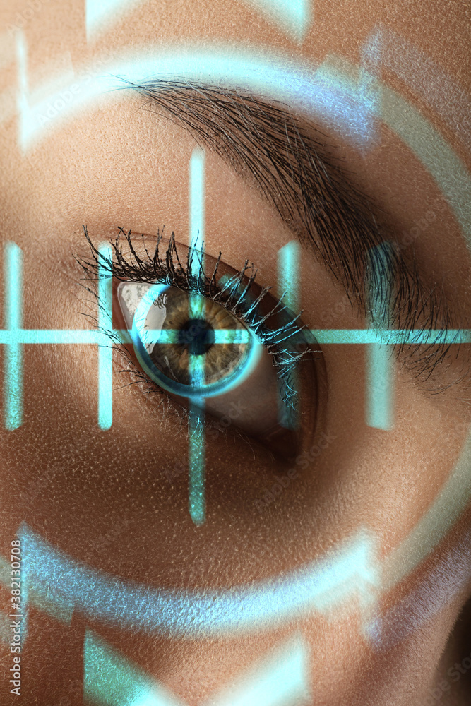 Close up. Future woman with cyber technology eye panel, cyberspace ...