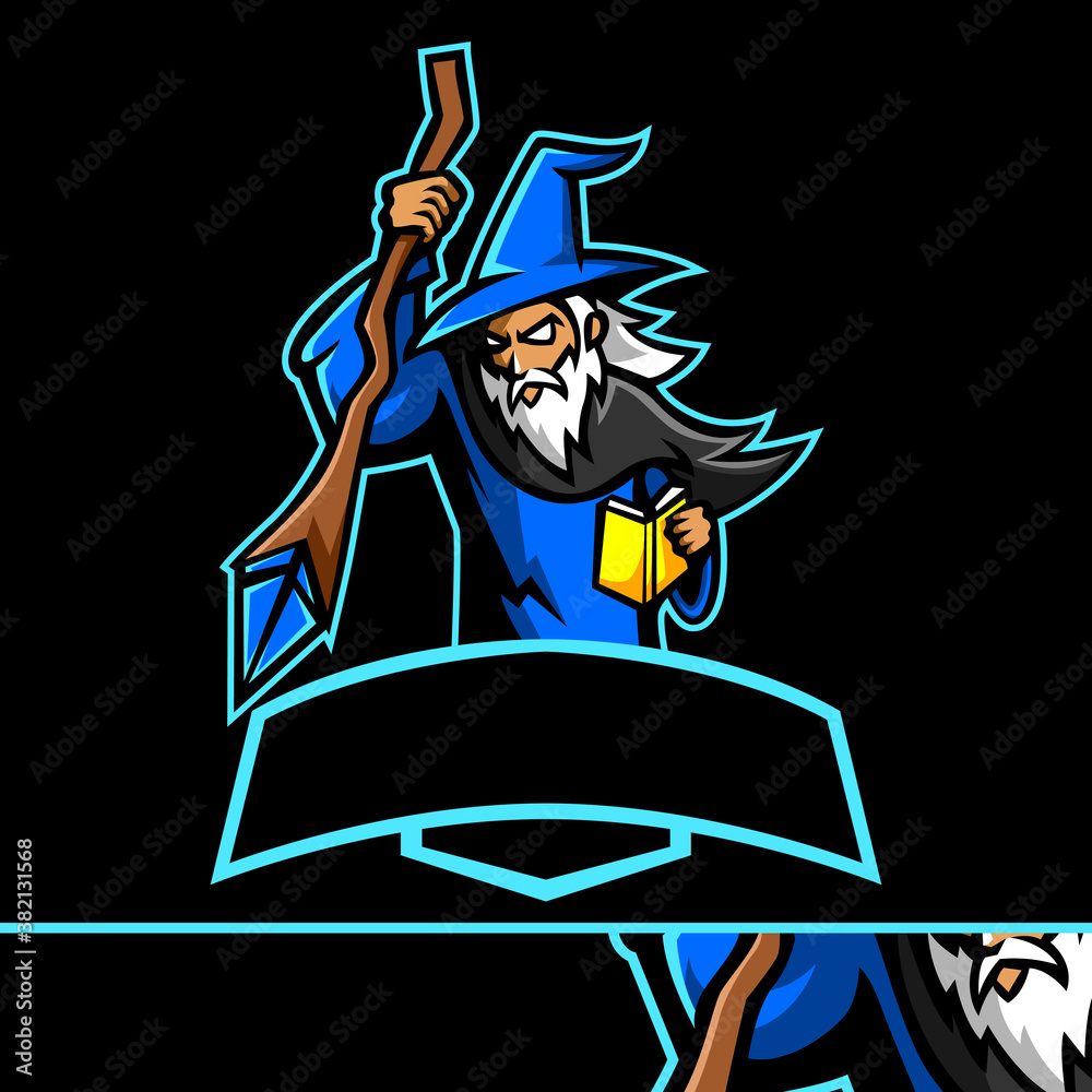 Mascot logo wizard esport holding magic wand with blue robe in black ...