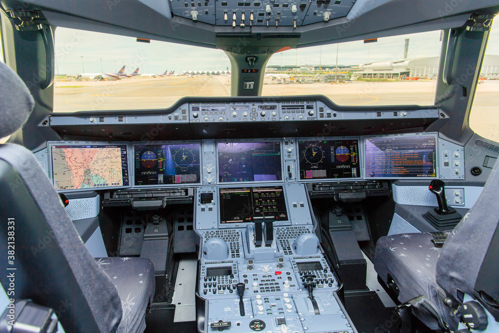 The image of cockpit interior and airplane cockpit view and blur ...