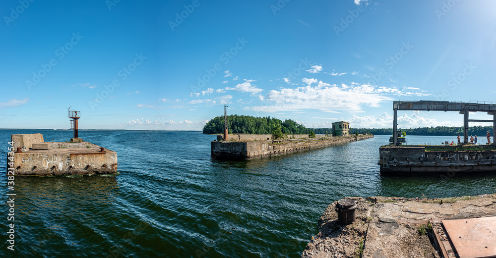 Ruins of Hara Harbour buildings and submarine demagnetizing base. Stock ...